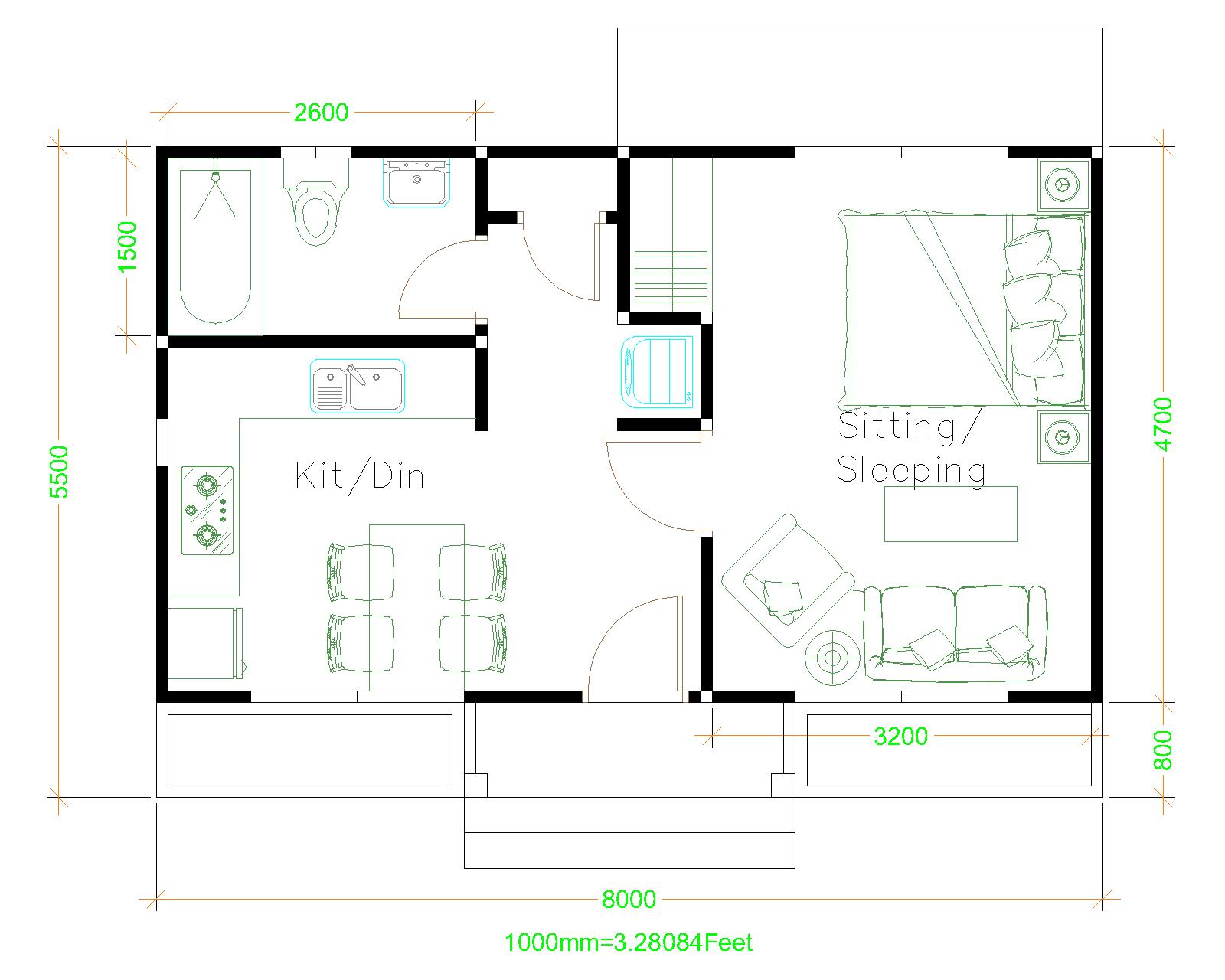 Small House Plans 8x5 5 With One Bedrooms Gross Hipped Roof Tiny